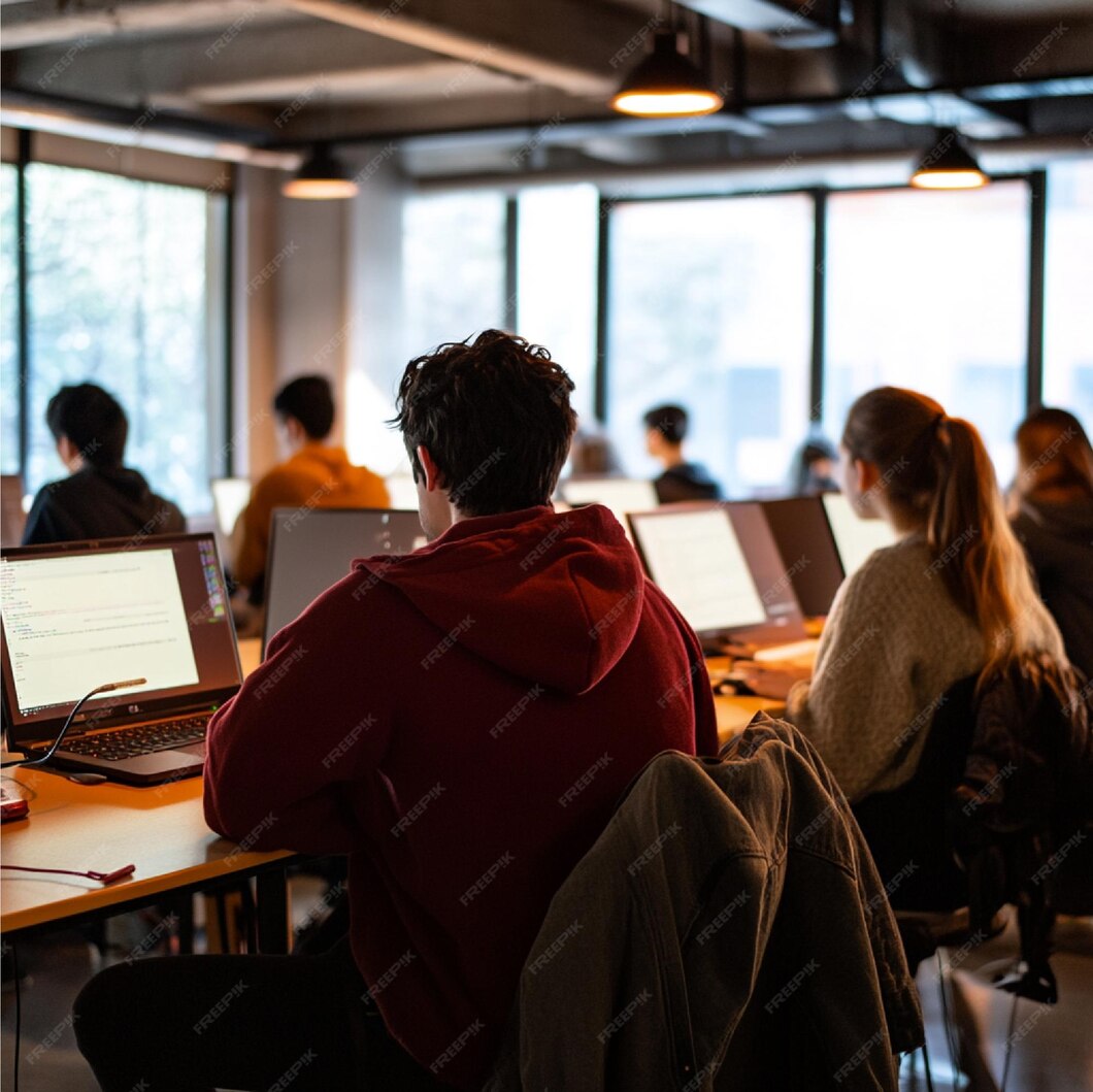 A programming bootcamp setting where students are learning various languages like Python ...