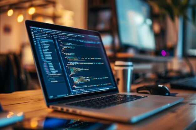 Programming code in laptop and mobile apps for laptops technology used to write software and ...