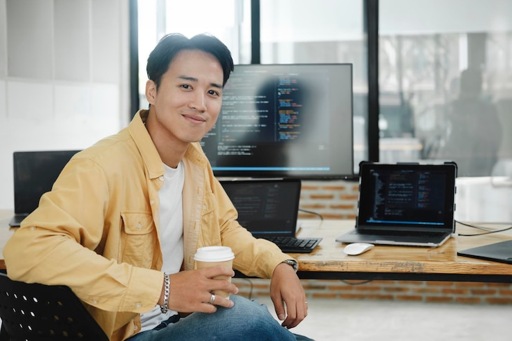 Premium Photo | Programming programmer working on computer in it office sitting at desk writing ...