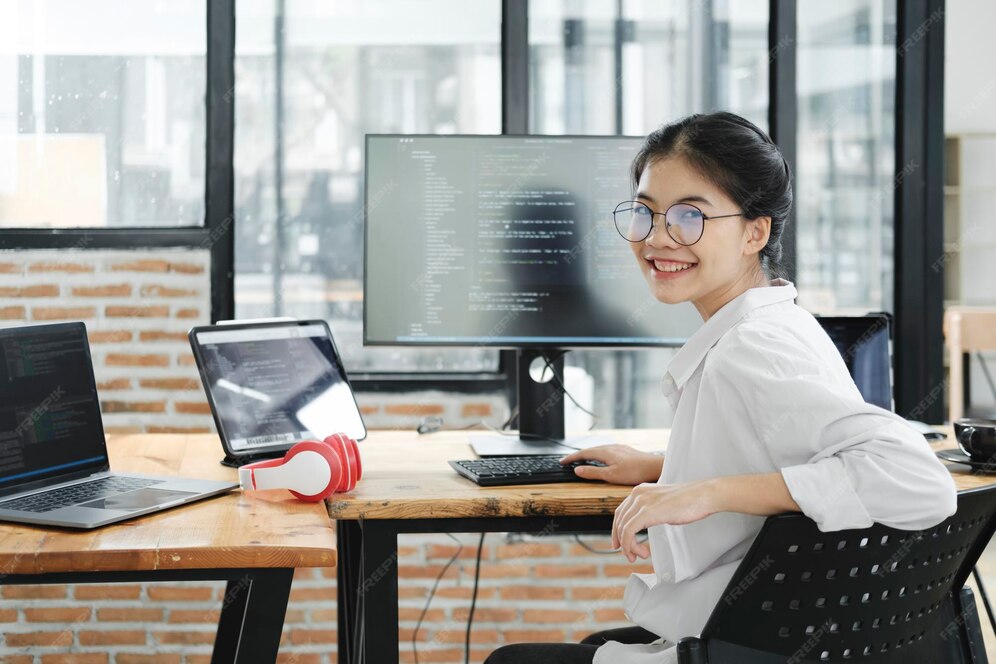 Premium Photo | Programming programmer working on computer in it office sitting at desk writing ...