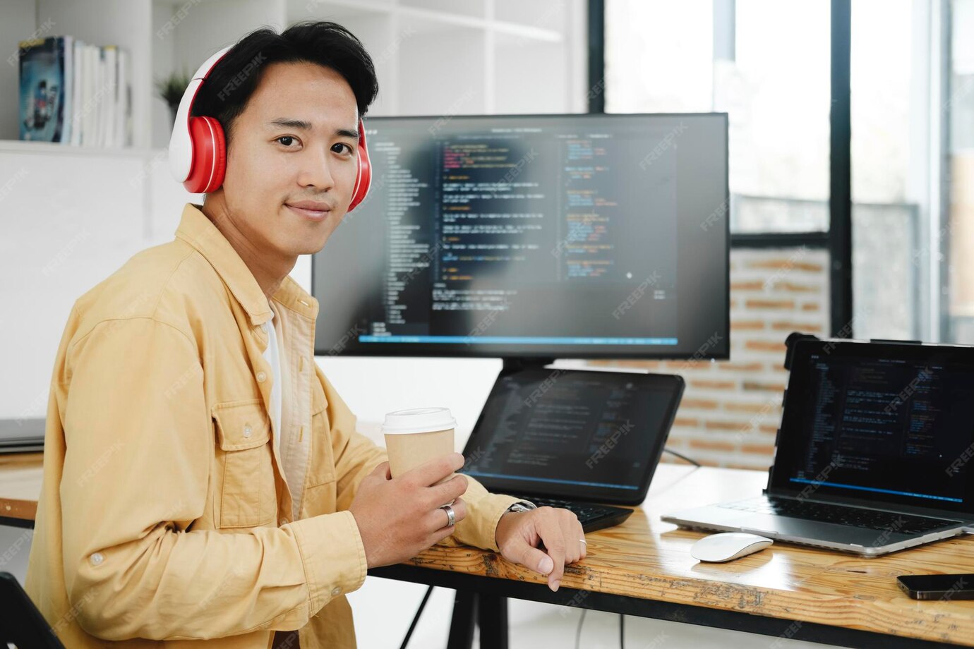 Premium Photo | Programming Programmer Working On Computer In IT Office Sitting At Desk Writing ...