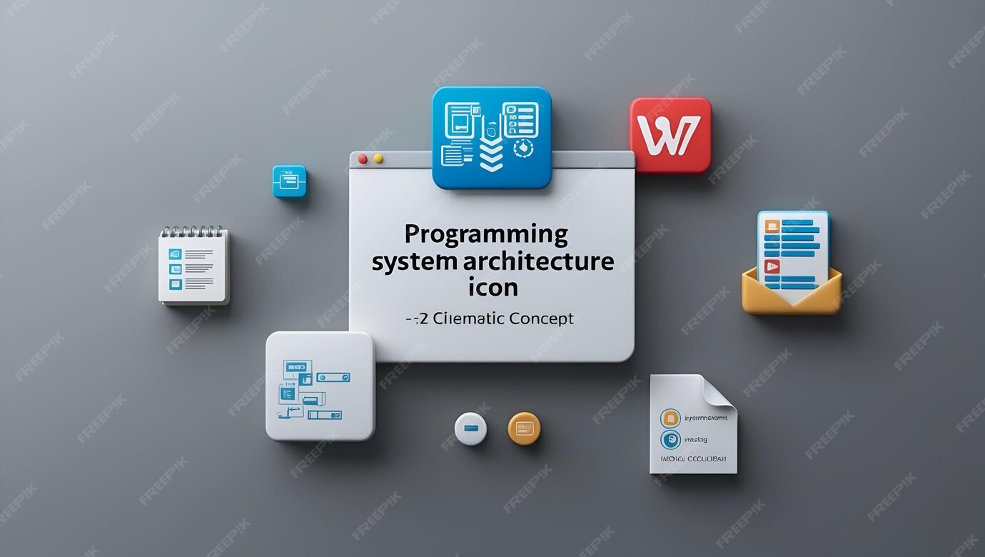Programming System And Coding Architecture Icon With Space For Text And Icons On Gray Background