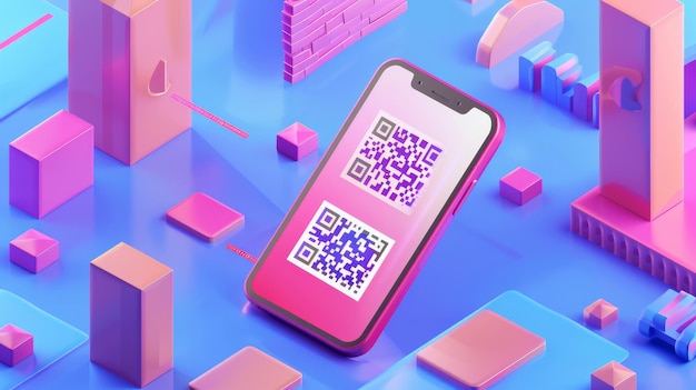 The Qr Code Verification Service With An Isometric Landing Page Machinereadable Barcode On The