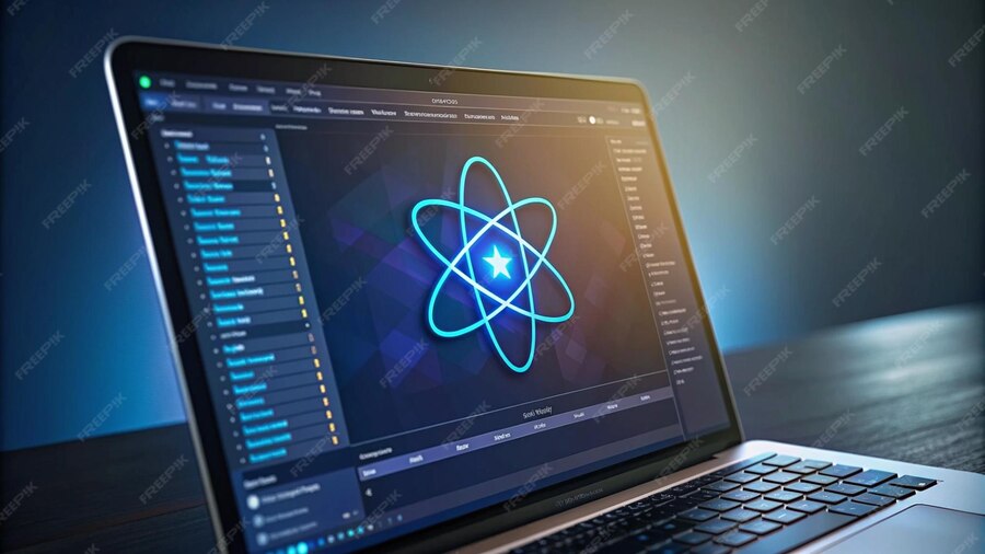 Premium Photo | React js programming language with laptop and code script on screen