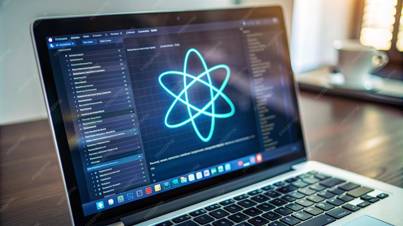React js programming language with laptop and code script on screen | Premium AI-generated image