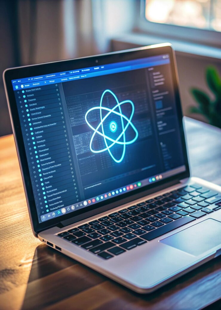 Premium Photo | React js programming language with laptop and code script on screen