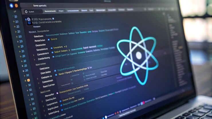 Premium Photo | React js programming language with laptop and code script on screen
