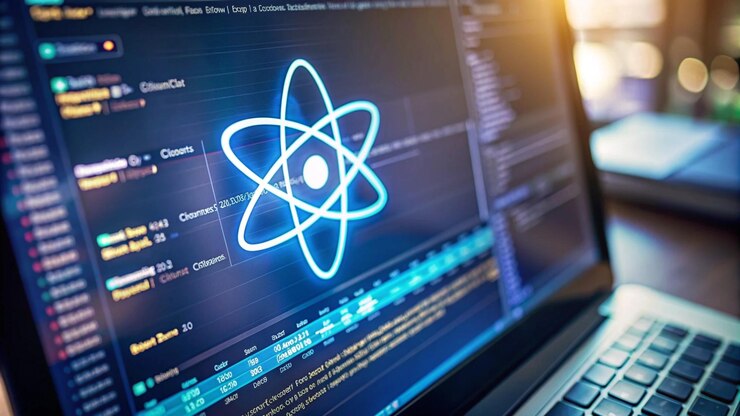 React js programming language with laptop and code script on screen | Premium AI-generated image