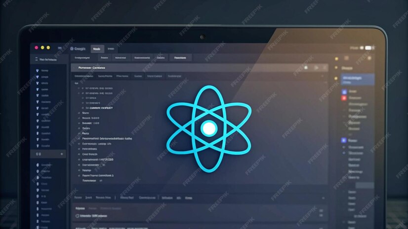 React js programming language with laptop and code script on screen | Premium AI-generated image