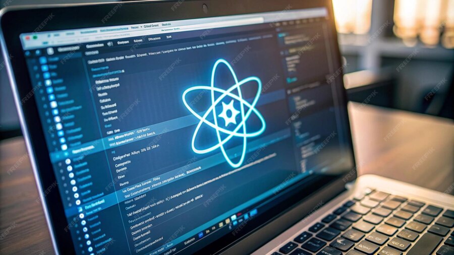 React js programming language with laptop and code script on screen | Premium AI-generated image