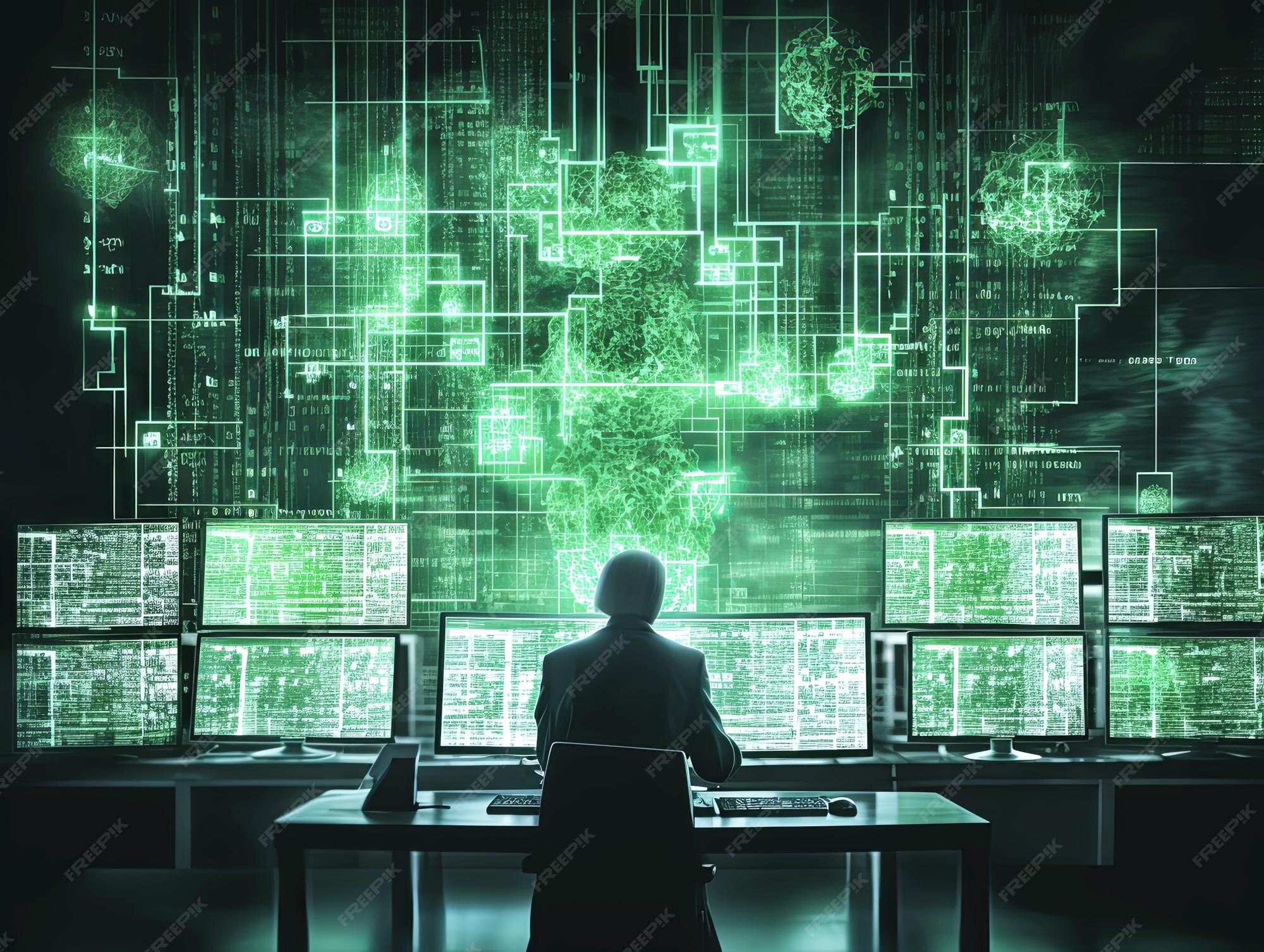 Premium AI Image | Rear view of hacker sitting at desk in front of ...