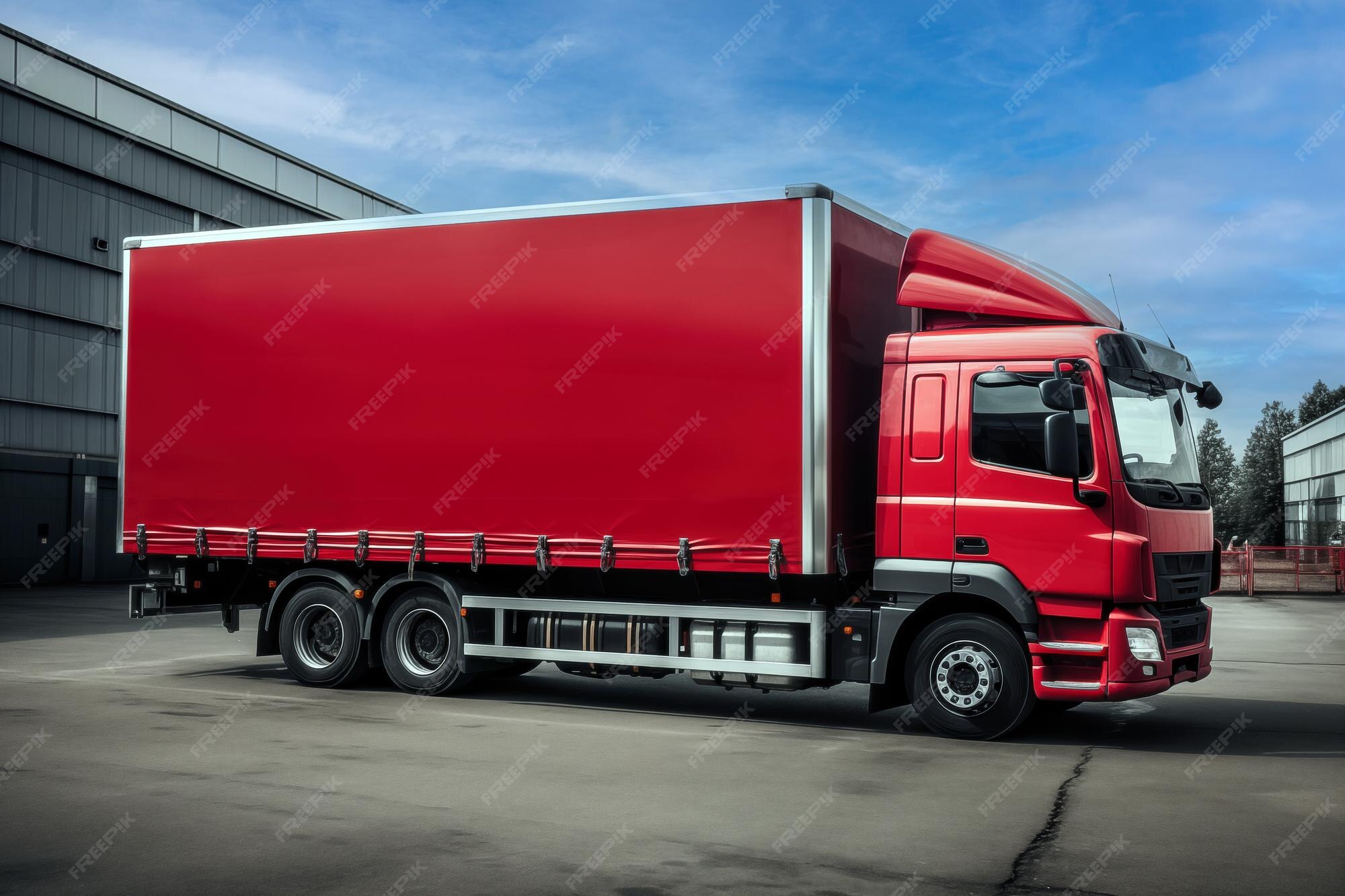 Premium Photo | Red delivery cargo truck with long empty trailer with ... Premium Photo | Red delivery cargo truck with long empty trailer with ...
