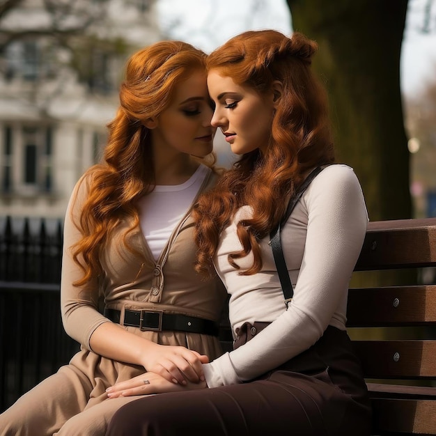 Premium Ai Image Redhead Twins Sitting On A Park Bench In London 2839
