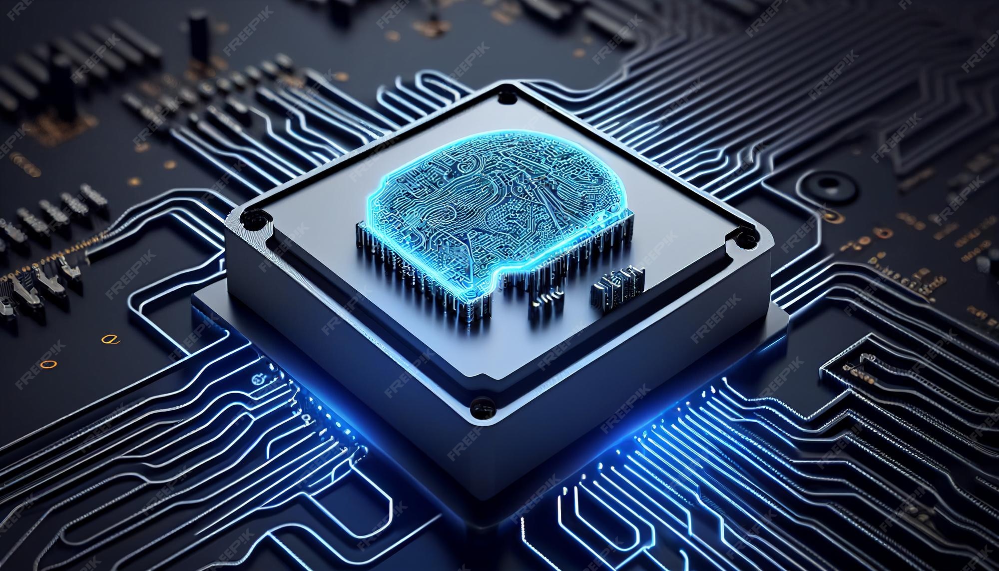 인공 지능 하드웨어 아이디어의 렌더링 컴퓨터 마더보드에는 흰색 마이크로칩에 깜박이는 뇌 회로가 있습니다 대규모 데이터 처리를
