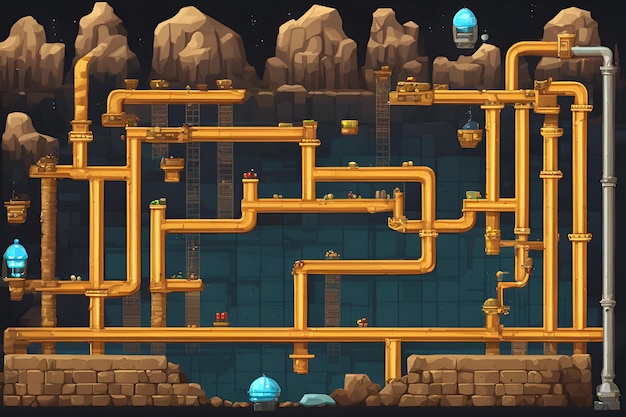 A Retro Arcade Game Level Map Interface With Underground Factory