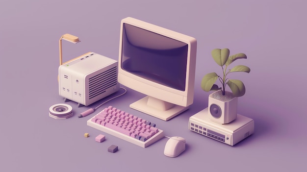 A retrostyle computer setup with a monitor keyboard mouse speakers and ... A retrostyle computer setup with a monitor keyboard mouse speakers and ...
