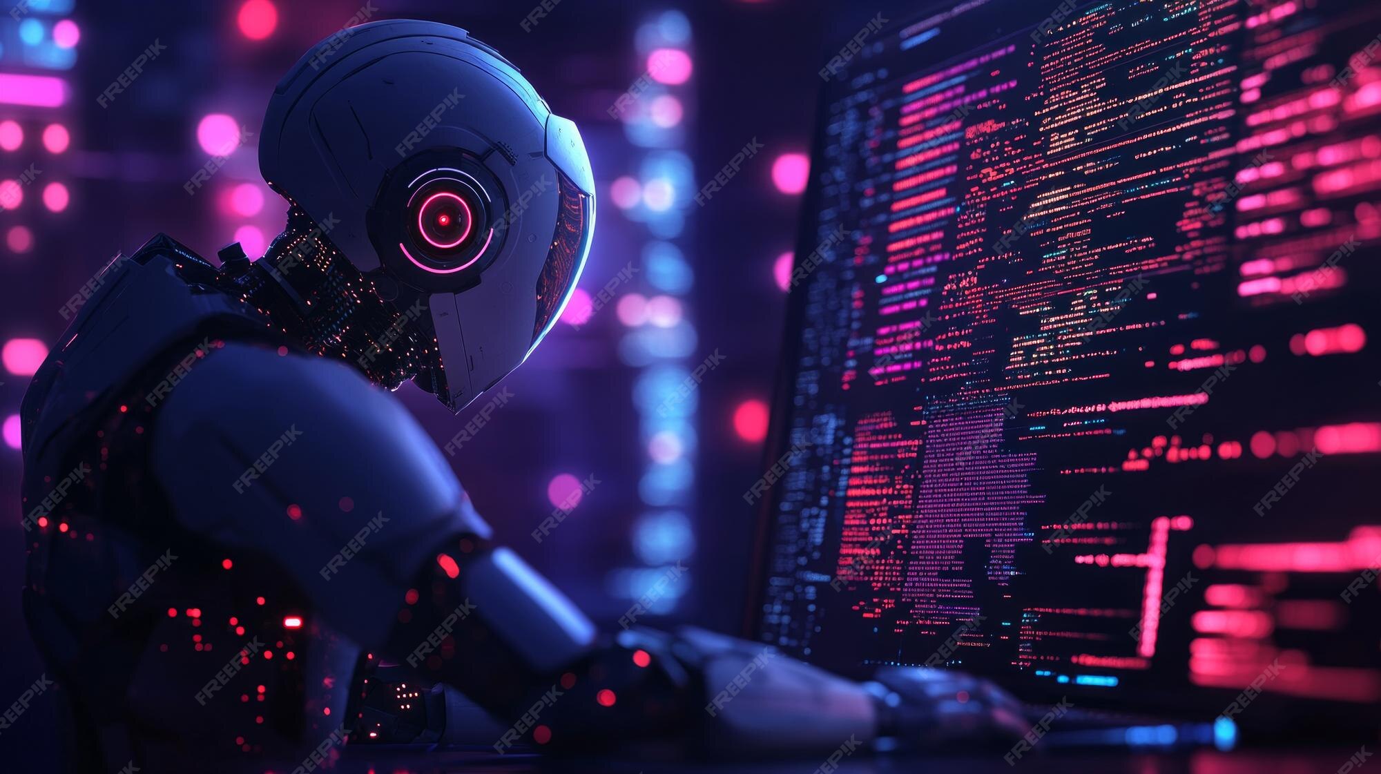 Robot AI works computer code data Web engineer interacting with AI Analyzes the code digital ...