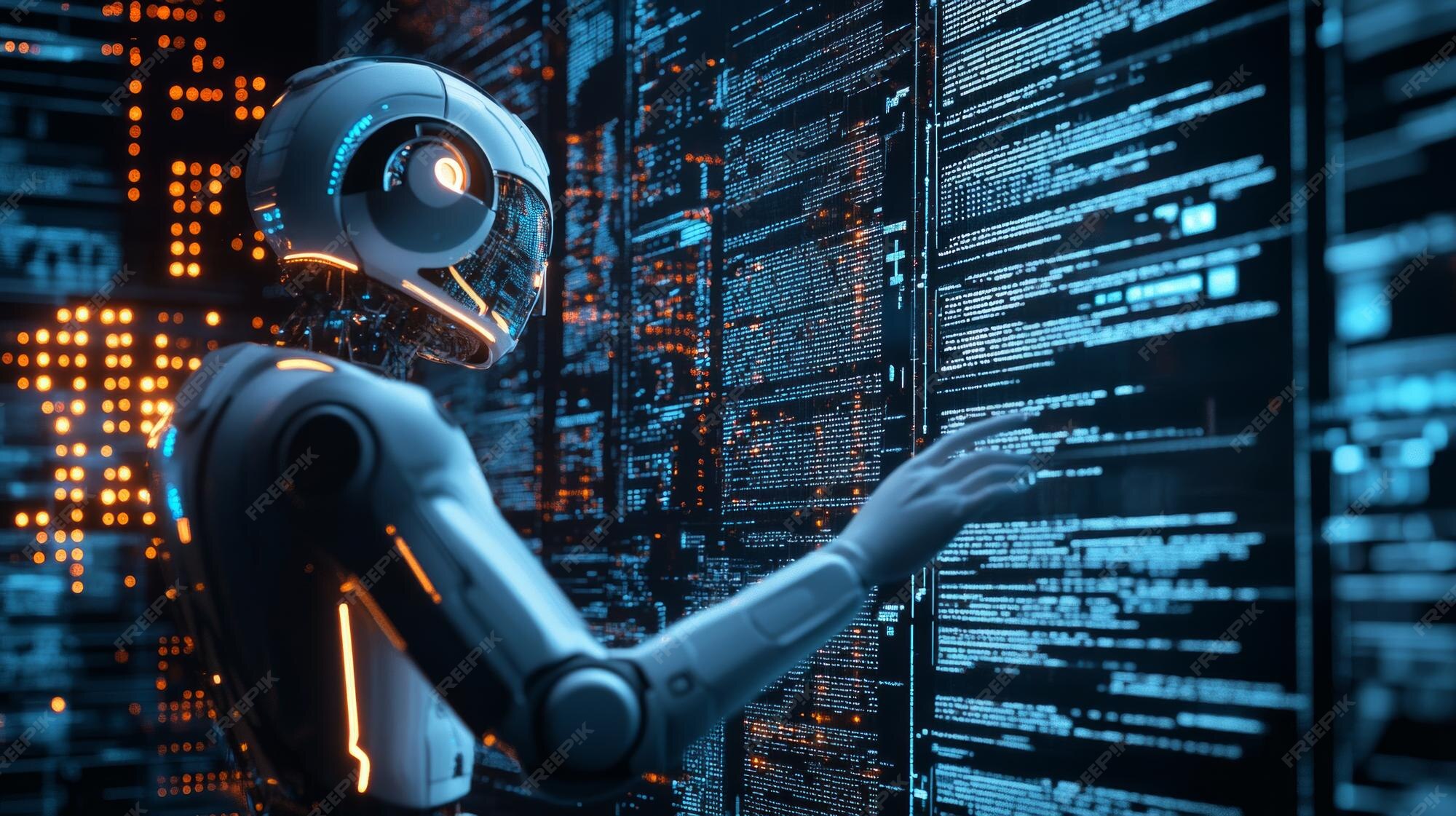 Robot AI works computer code data Web engineer interacting with AI ...