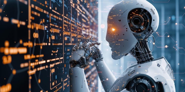 Premium Photo | Robot Analyzing Data on Wall Premium Photo | Robot Analyzing Data on Wall
