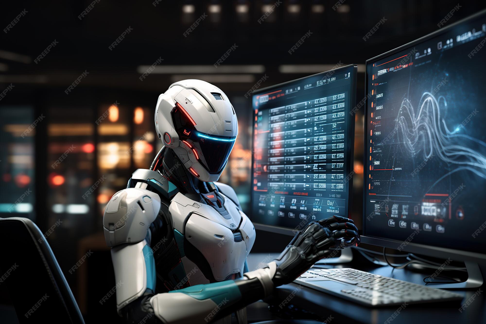 Premium AI Image | Robot assistant with information screen android robot pointing finger ...