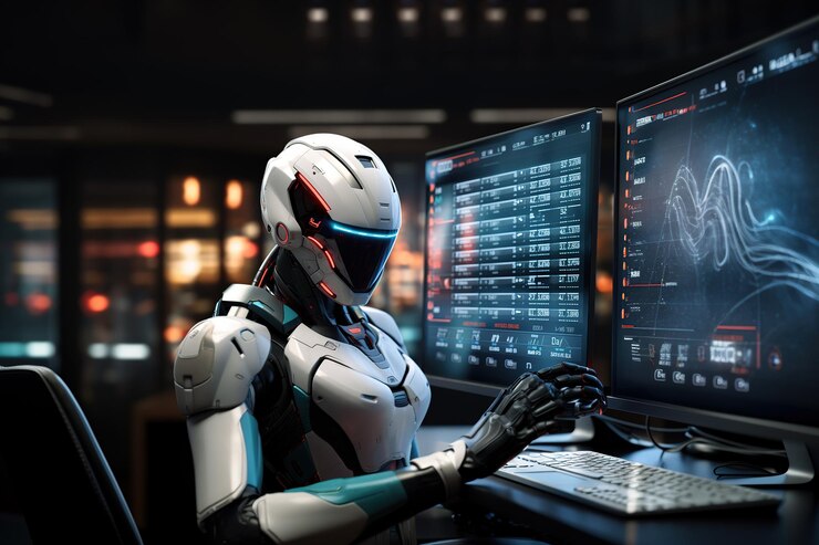 Premium AI Image | Robot assistant with information screen android robot pointing finger ...