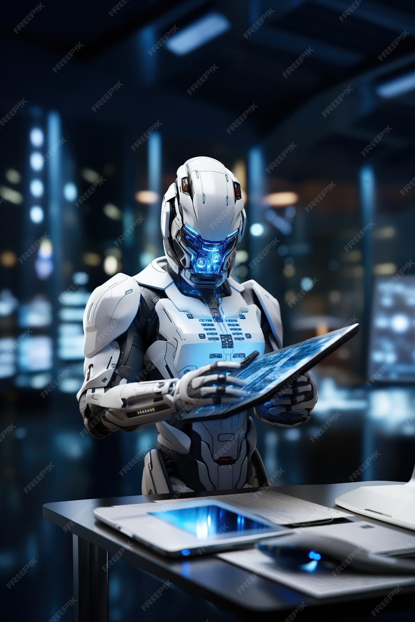 Premium AI Image | Robot assistant with information screen android robot pointing finger ...