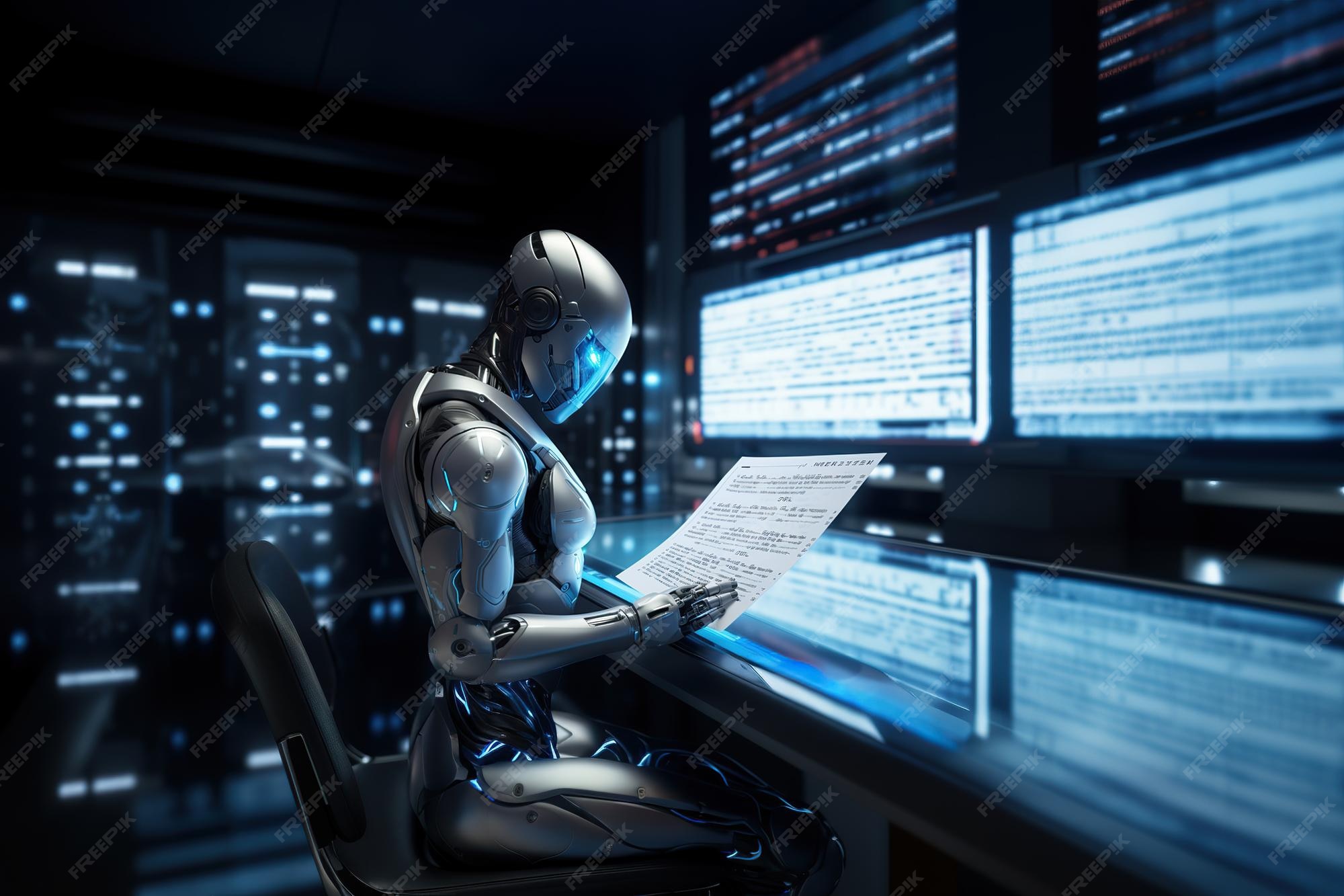 Premium AI Image | Robot assistant with information screen android robot pointing finger ...