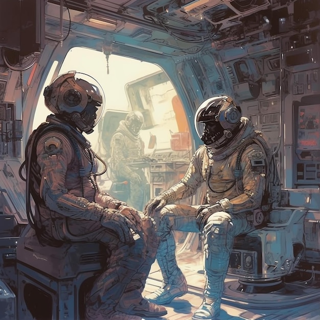 Premium AI Image | robot astronaut and human astronaut by syd mead cold Premium AI Image | robot astronaut and human astronaut by syd mead cold