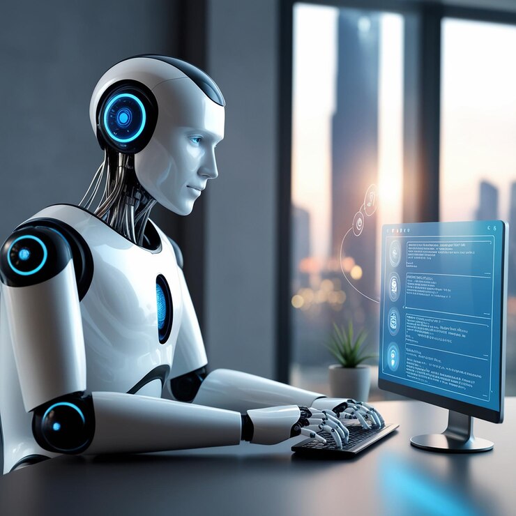 Robot hand artificial intelligence Ai pointing at word self learning improving development ...