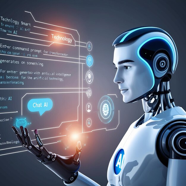 Robot hand artificial intelligence Ai pointing at word self learning improving development ...