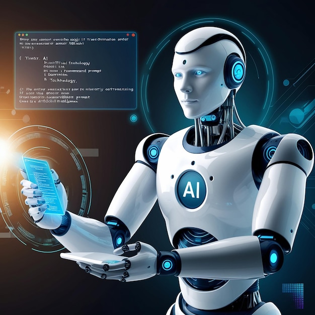 Robot hand artificial intelligence Ai pointing at word self learning improving development ...