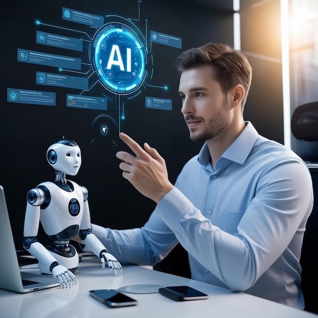 Robot hand artificial intelligence Ai pointing at word self learning ...