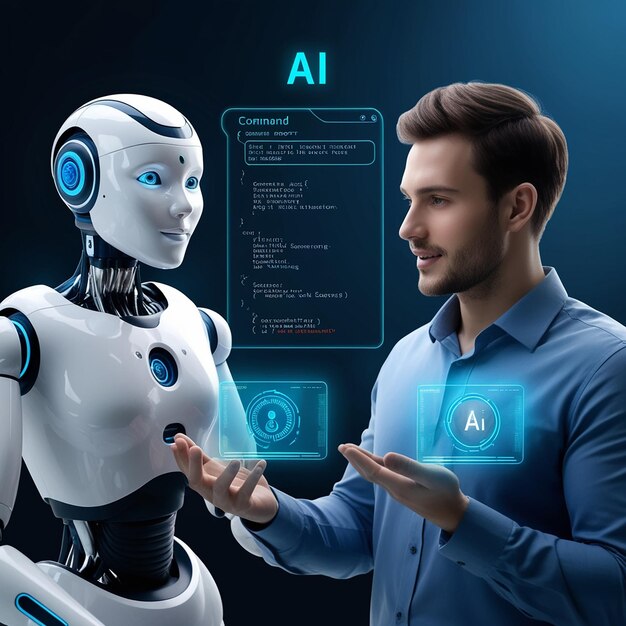 Robot hand artificial intelligence Ai pointing at word self learning improving development ...