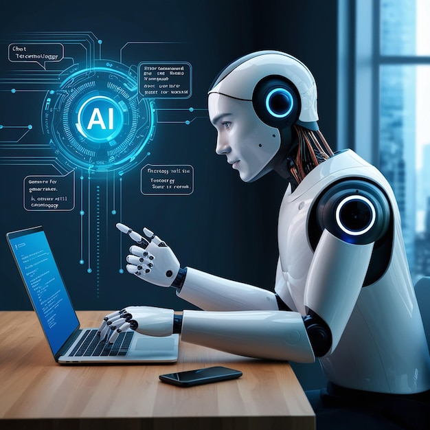 Robot hand artificial intelligence Ai pointing at word self learning improving development ...