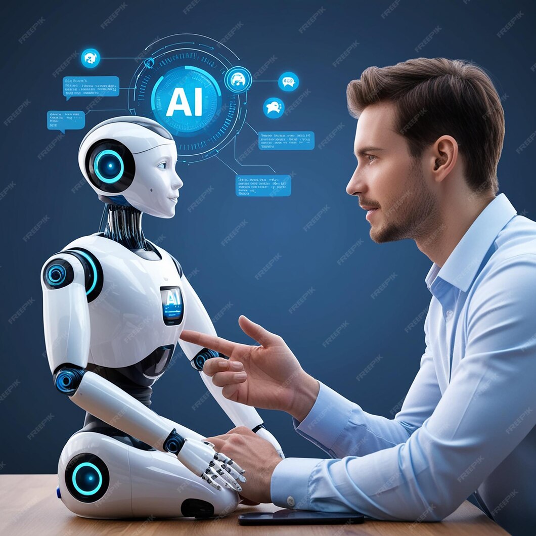 Robot hand artificial intelligence Ai pointing at word self learning improving development ...