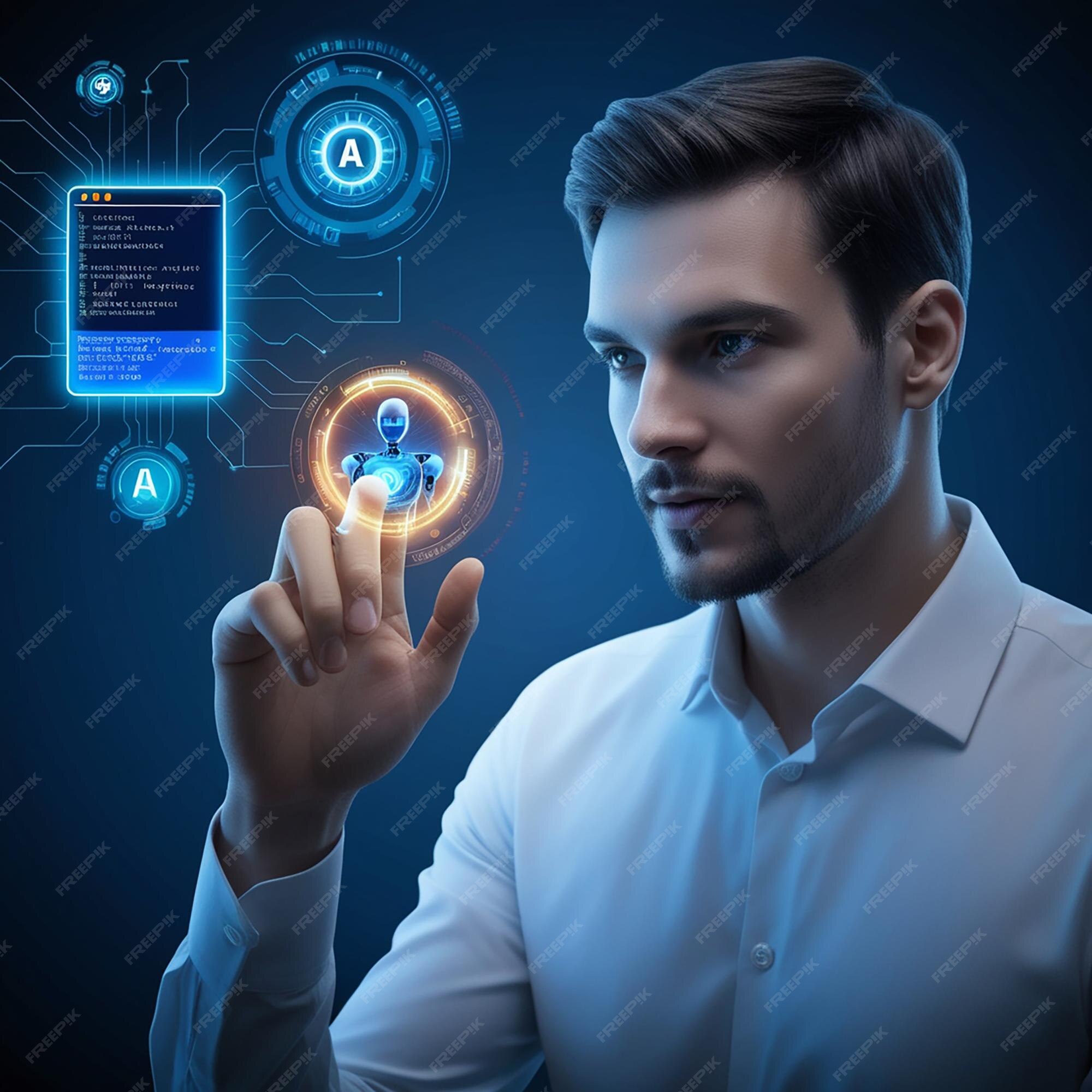 Robot hand artificial intelligence Ai pointing at word self learning improving development ...