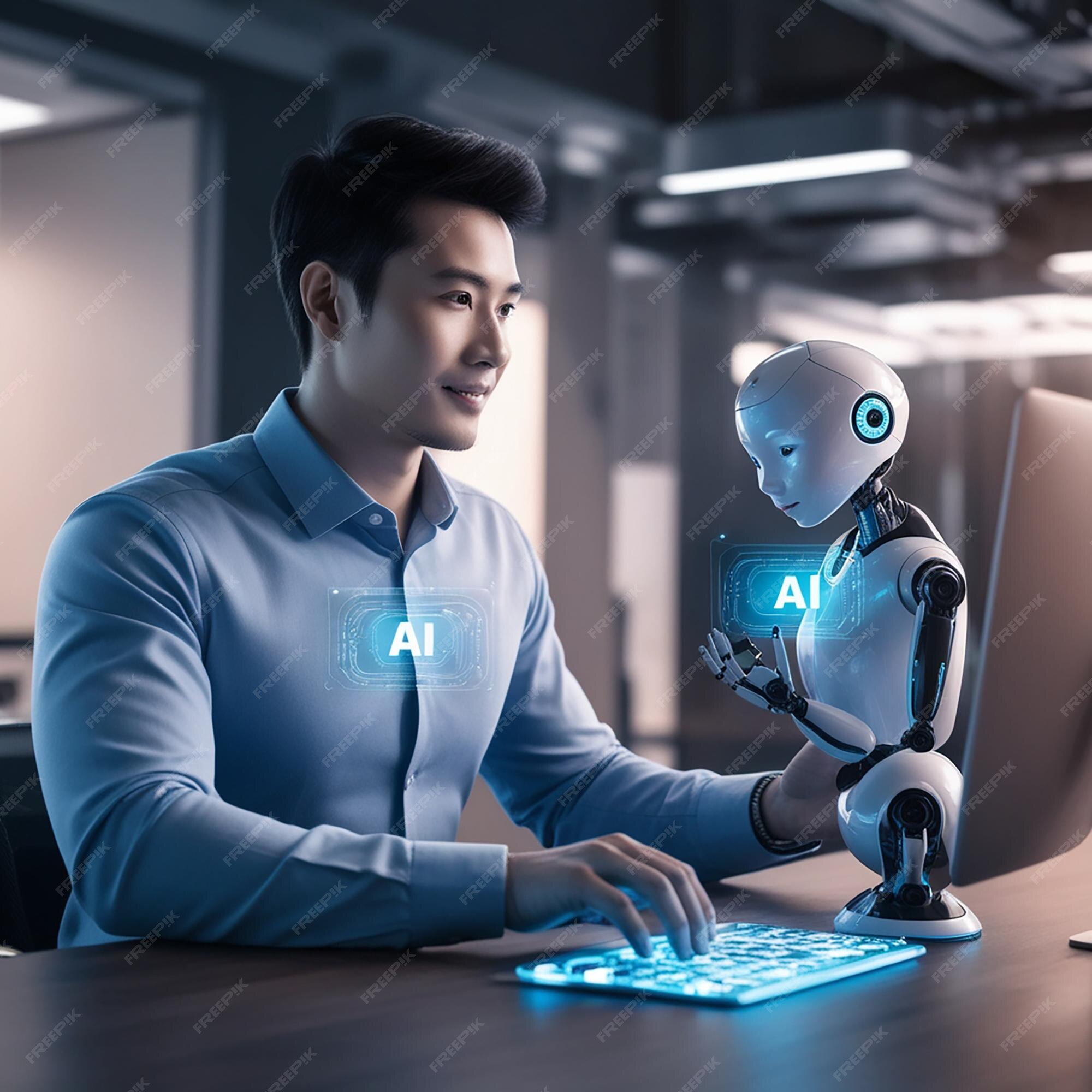 Robot hand artificial intelligence Ai pointing at word self learning improving development ...