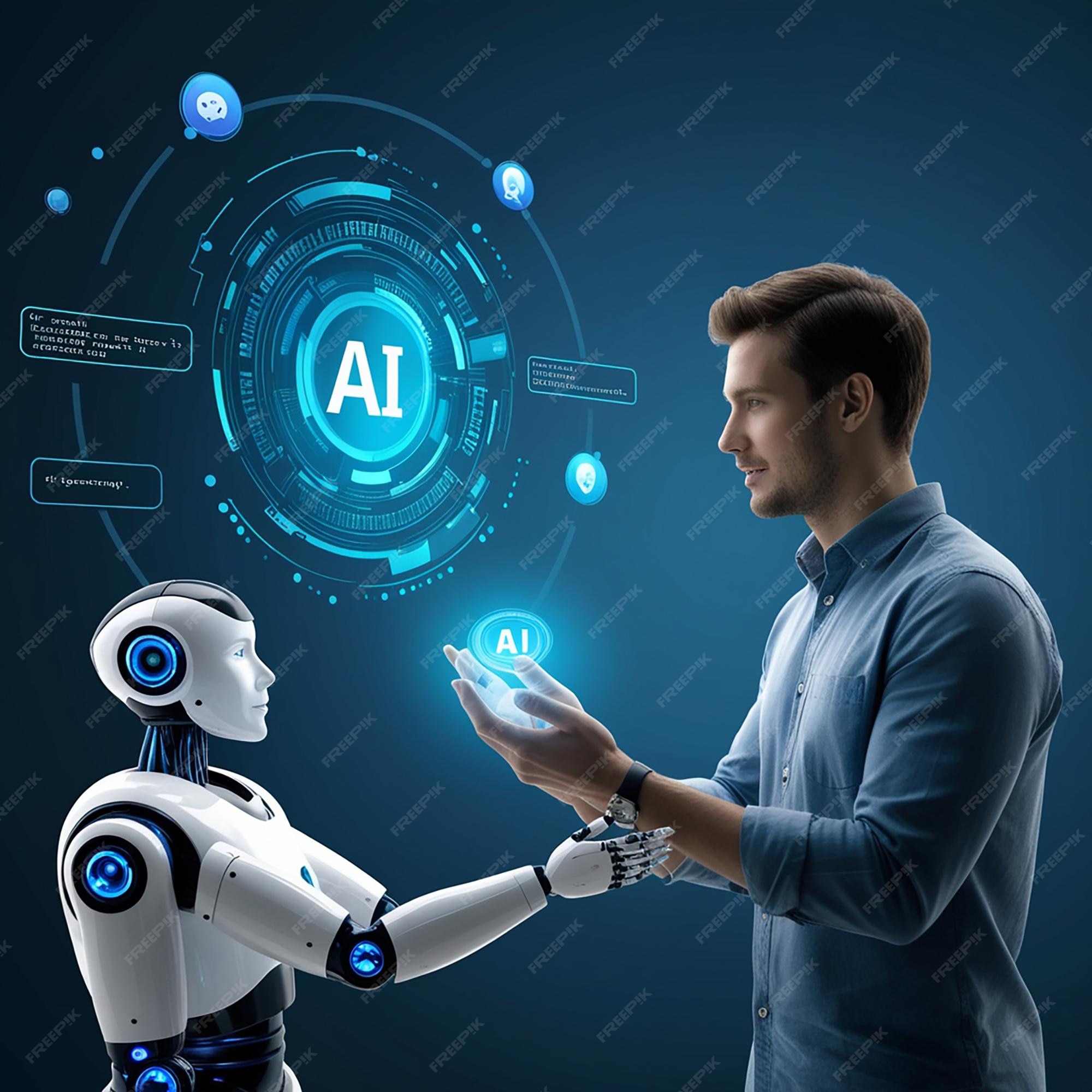 Robot hand artificial intelligence Ai pointing at word self learning improving development ...