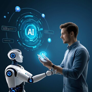 Robot hand artificial intelligence Ai pointing at word self learning improving development ...