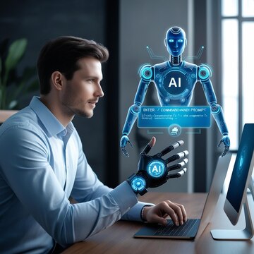 Robot hand artificial intelligence Ai pointing at word self learning improving development ...