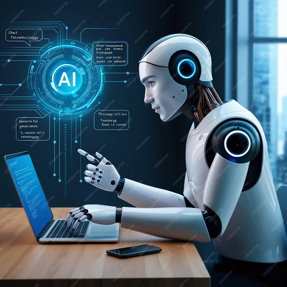 Robot hand artificial intelligence Ai pointing at word self learning improving development ...