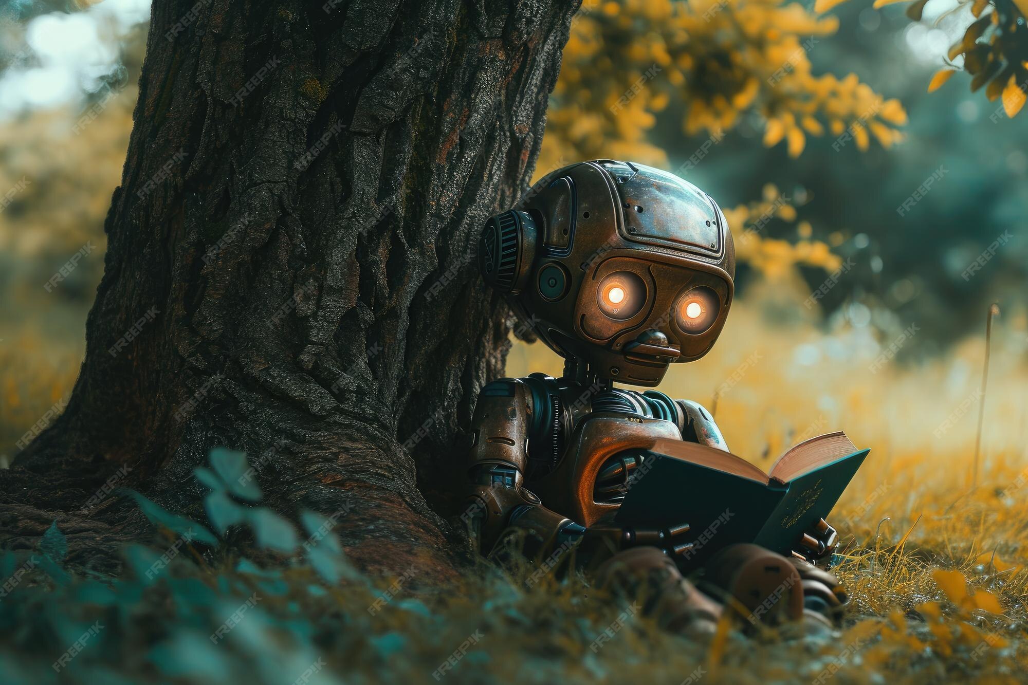 Premium Photo A Robot Is Seen Reading A Book Underneath A Tree
