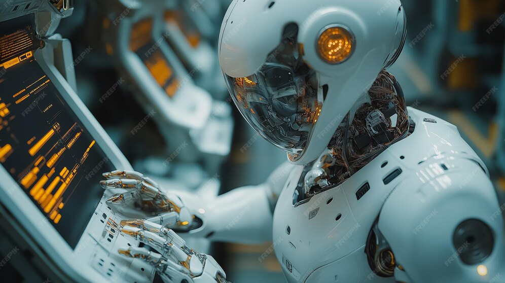 A robot is sitting in front of a computer monitor and is typing on the ...