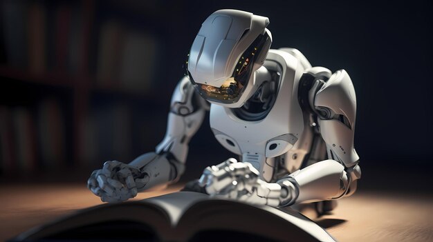 Premium AI Image | Robot reading a book Generative AI Premium AI Image | Robot reading a book Generative AI