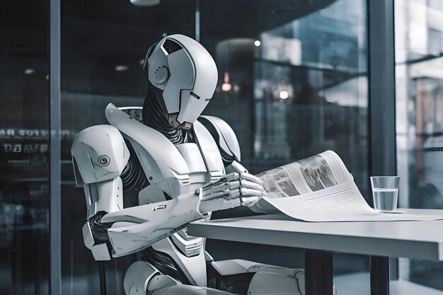 Premium AI Image | A robot reads a newspaper in a cafe Generative AI 3 Premium AI Image | A robot reads a newspaper in a cafe Generative AI 3