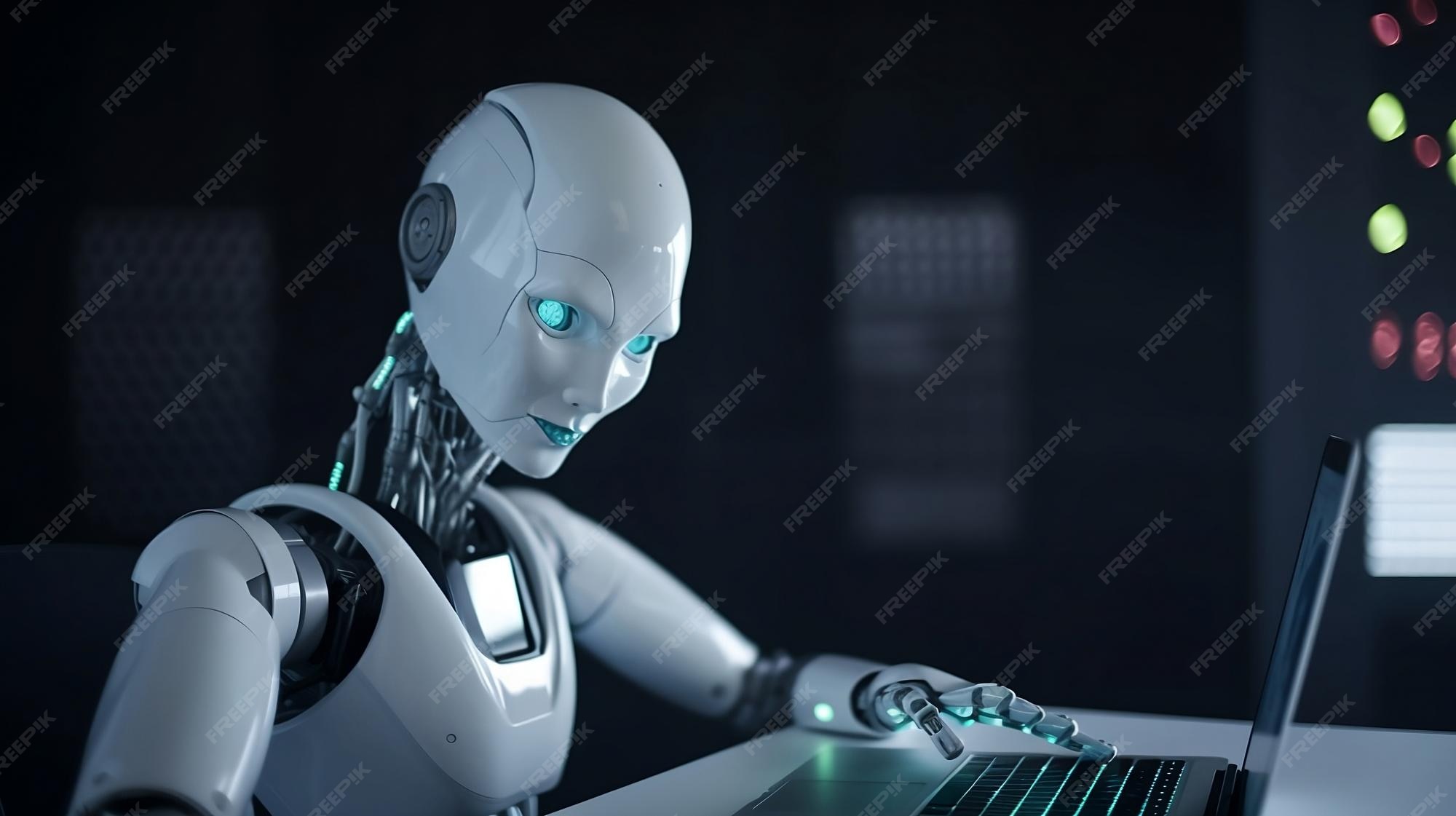 Premium AI Image | Robot typing on a laptop keyboard Generating text and using a chatbot ...
