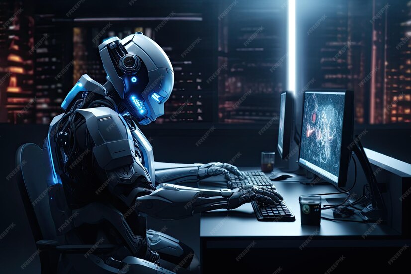 Premium Photo | Robot working on desktop computer in dark office 3d ...
