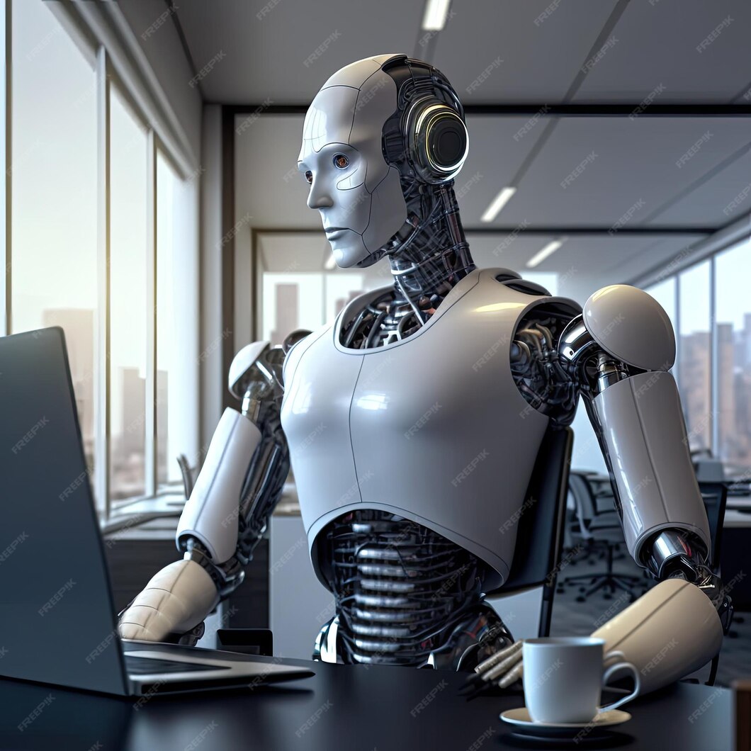 Premium Photo | Robot working in the office with the computer chatgpt ...