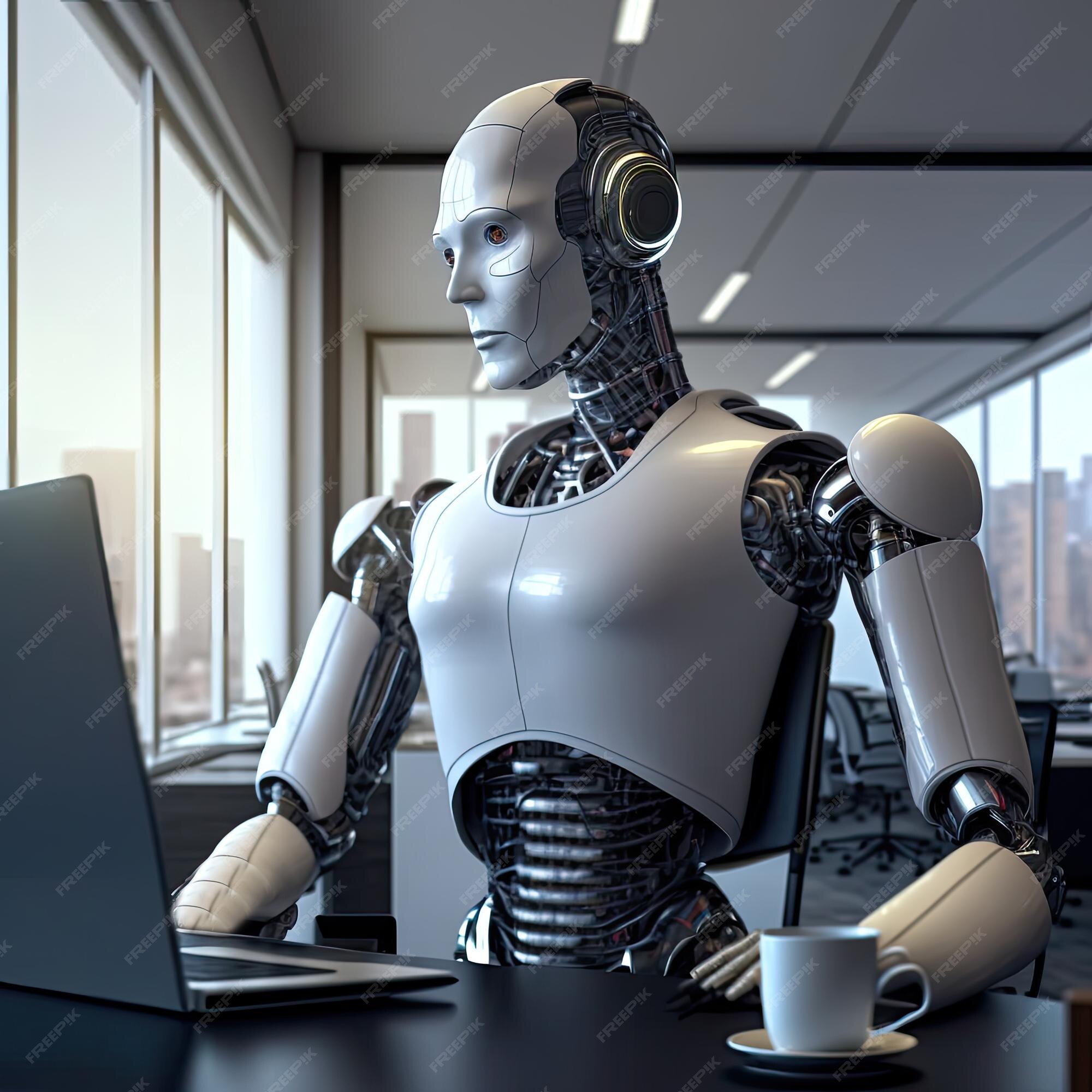 Premium Photo | Robot working in the office with the computer chatgpt ...