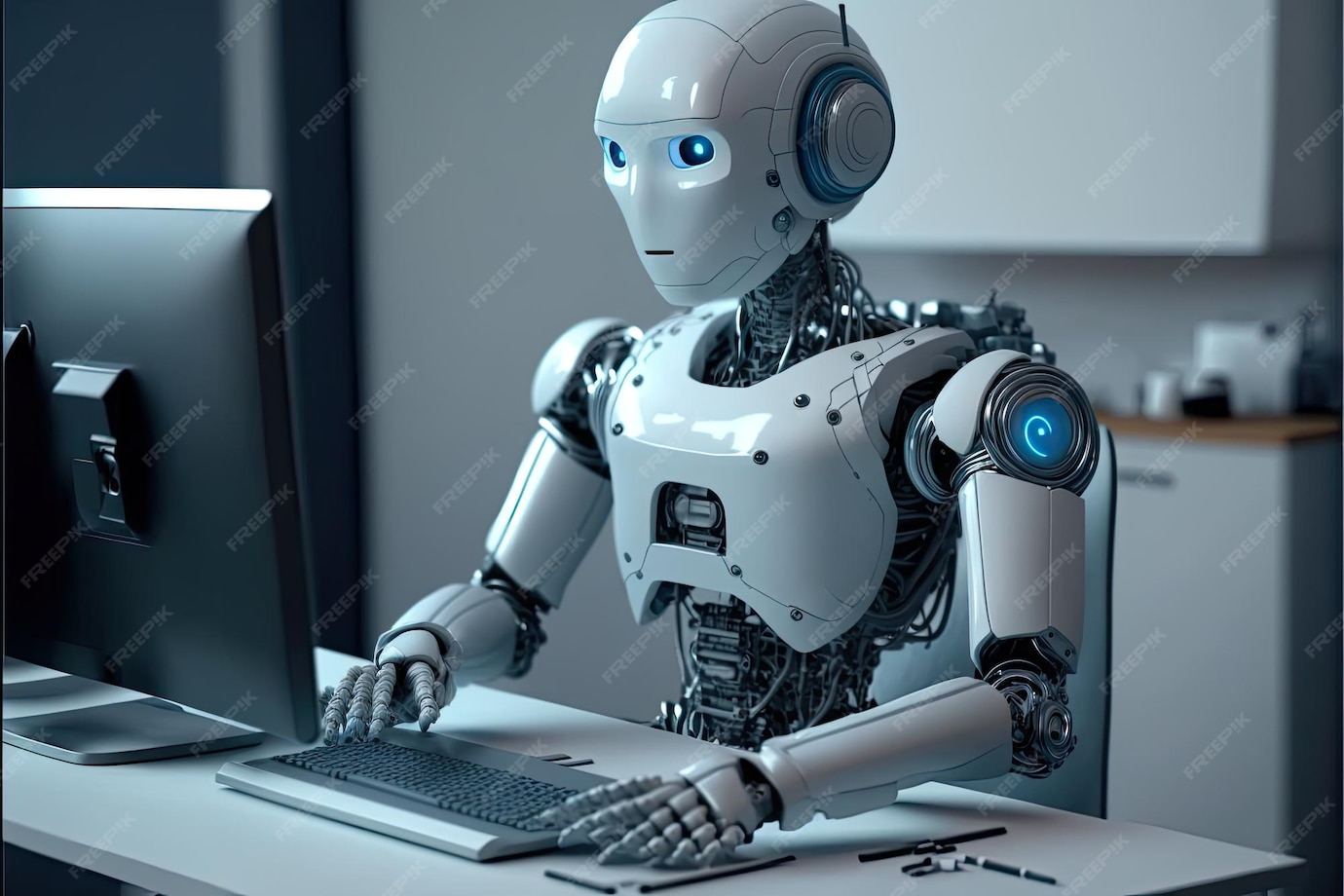 Premium Photo | Robot working in the office with the computer chatgpt ...